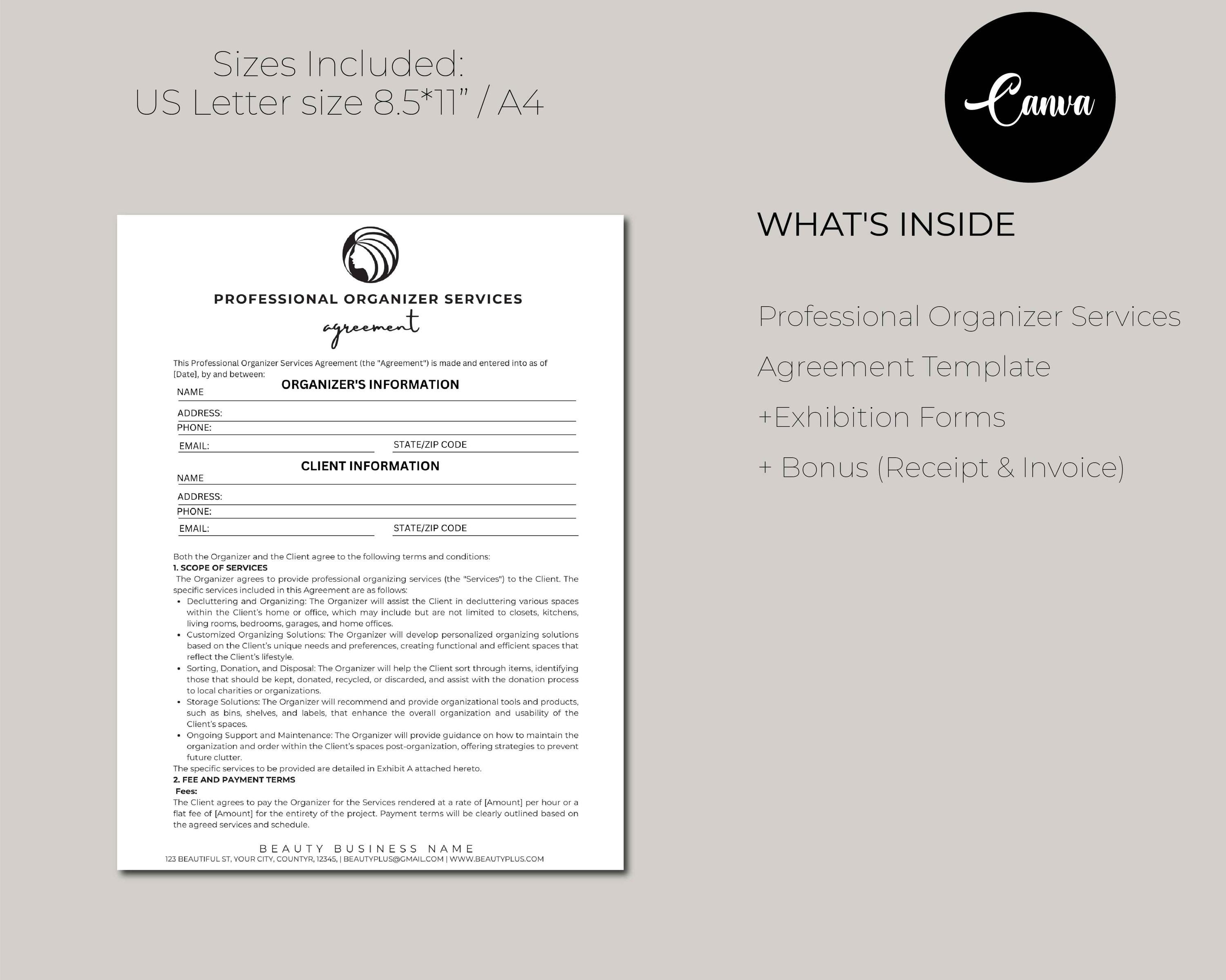 Editable Professional Organizer Contract Template, Organizing Service ...