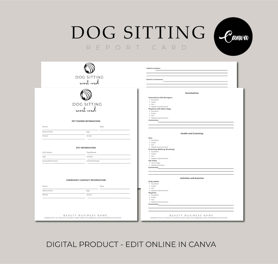 Dog Report Card, Pet Report Card Template, Dog Walking Forms, Editable ...
