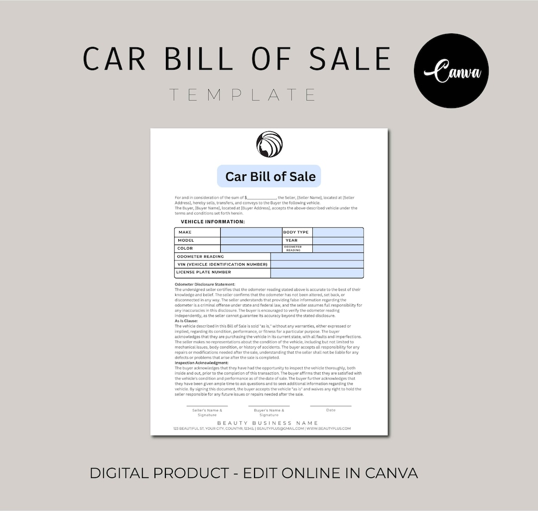 Motor Vehicle Bill of Sale, Printable Car Sale Form, Bill of Sale Form ...