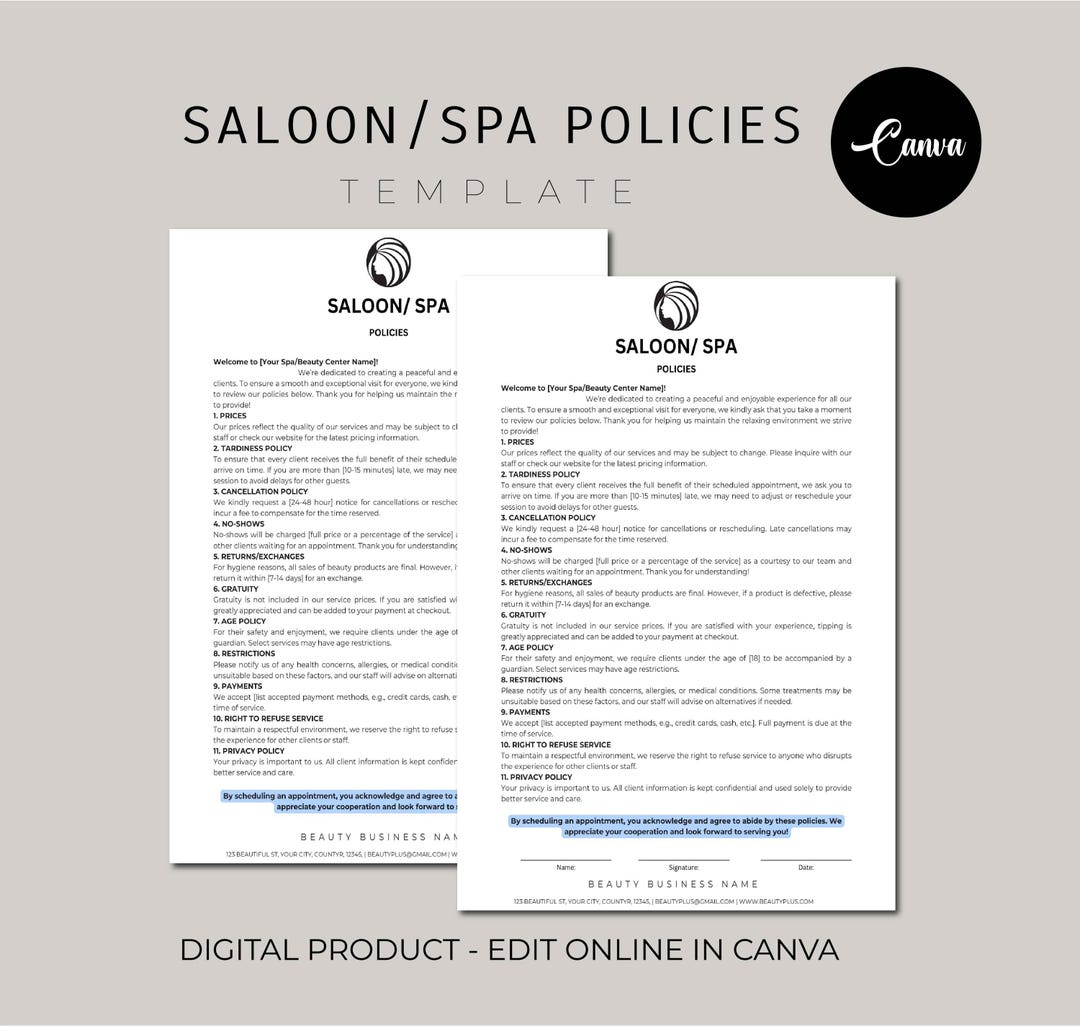 Editable Salon Cancellation Policy Template, Cancellation Spa Policies ...