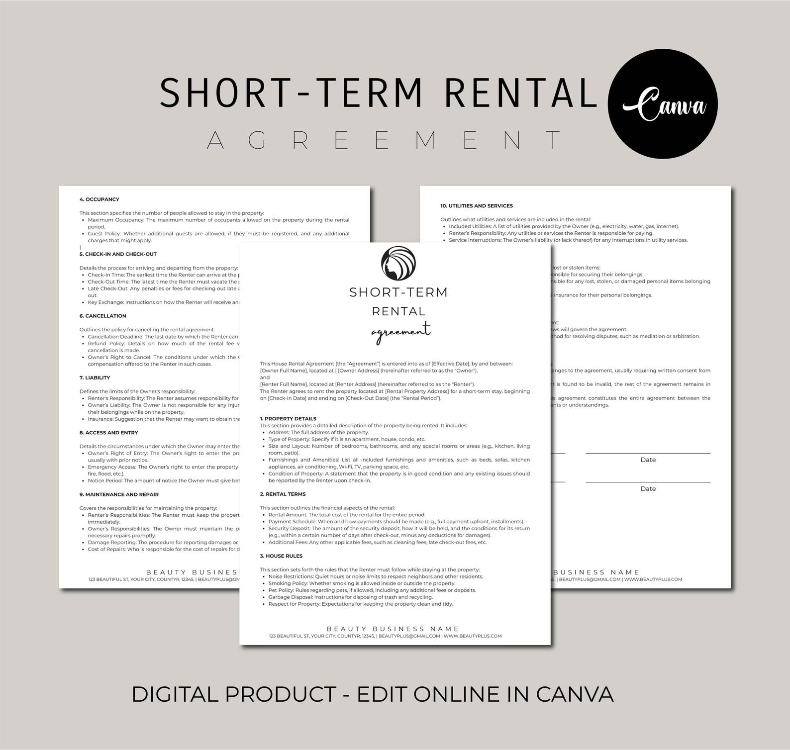 Short Term Rental Agreement, Short Term Rental Template, Vacation ...