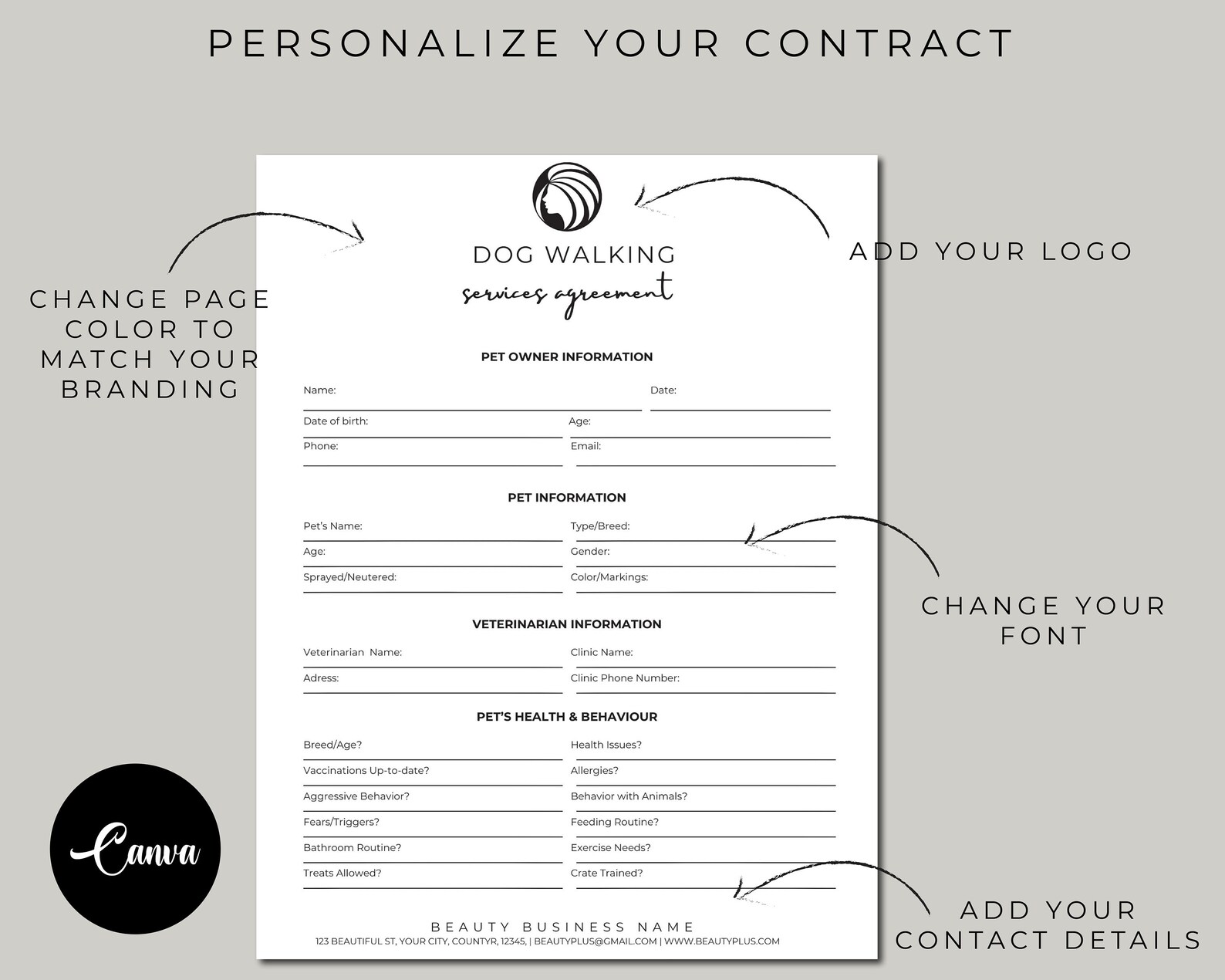 Dog Walking Service Agreement/contract Template, Invoice, Editable ...