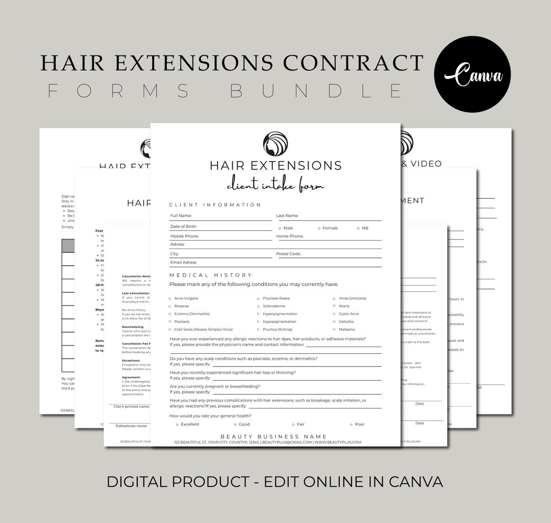 EDITABLE Hair Extensions Contract, Hair Extensions After Care Card ...