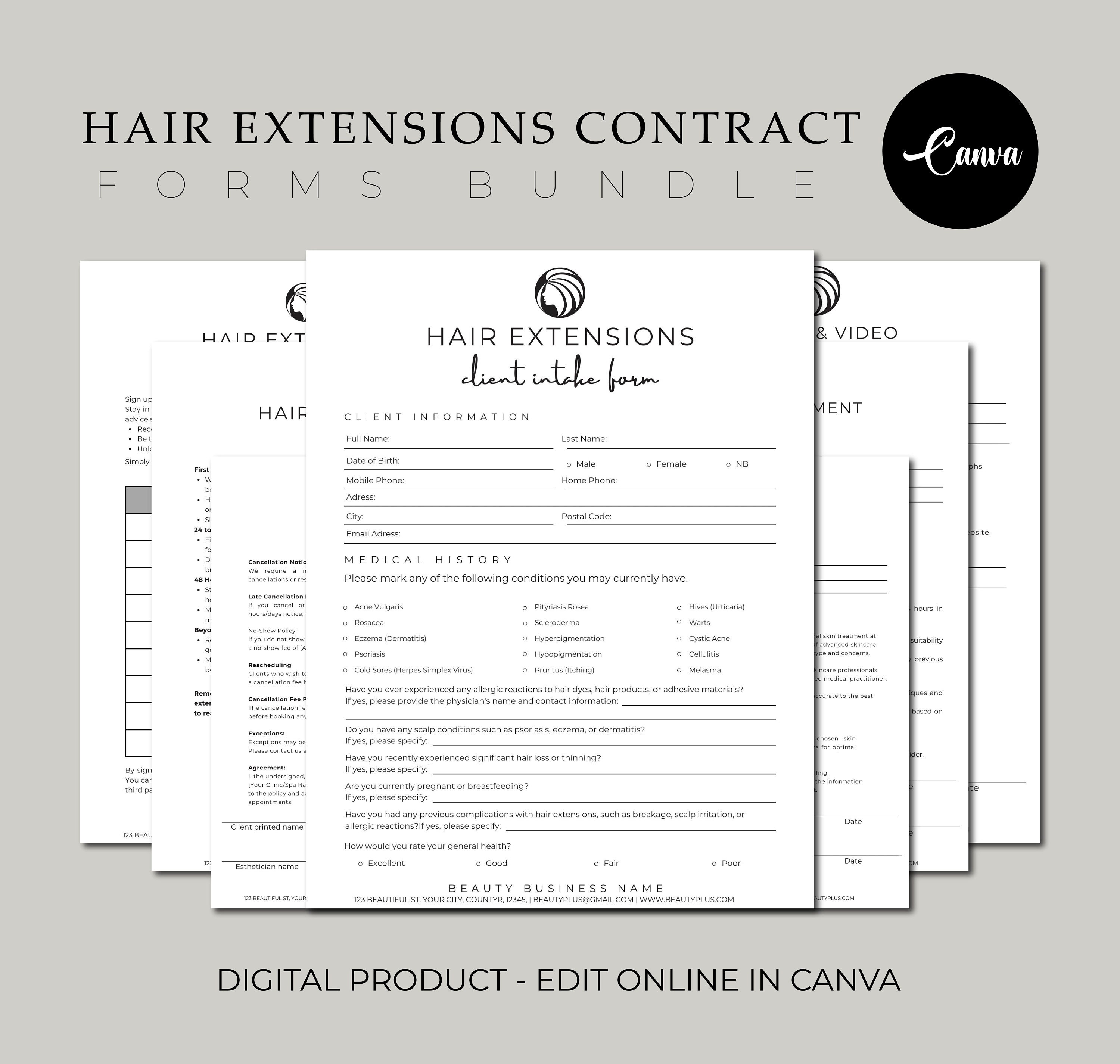 EDITABLE Hair Extensions Contract, Hair Extensions After Care Card ...