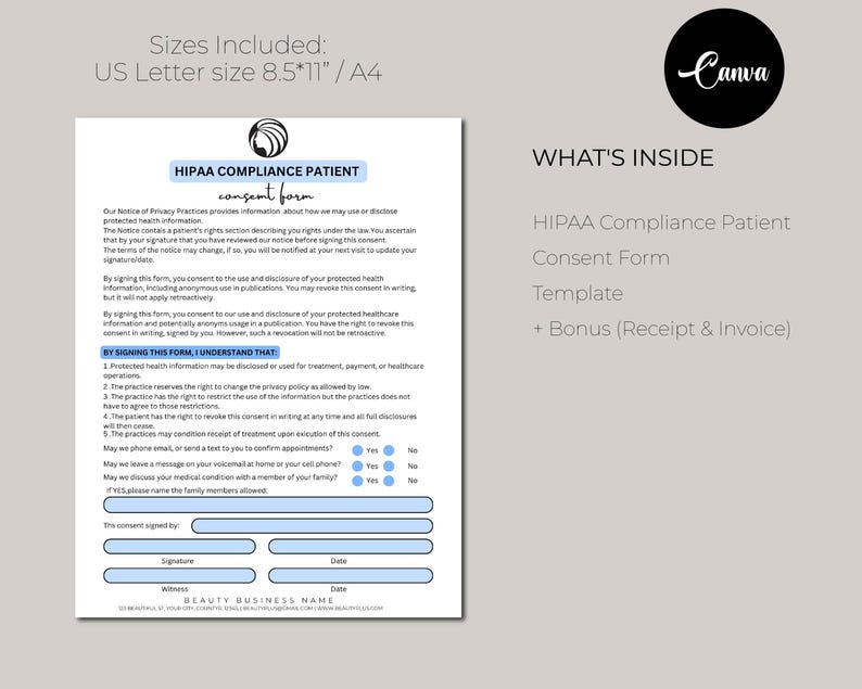 Editable HIPAA Consent Form Template, Medical Consent, New Patient Form ...