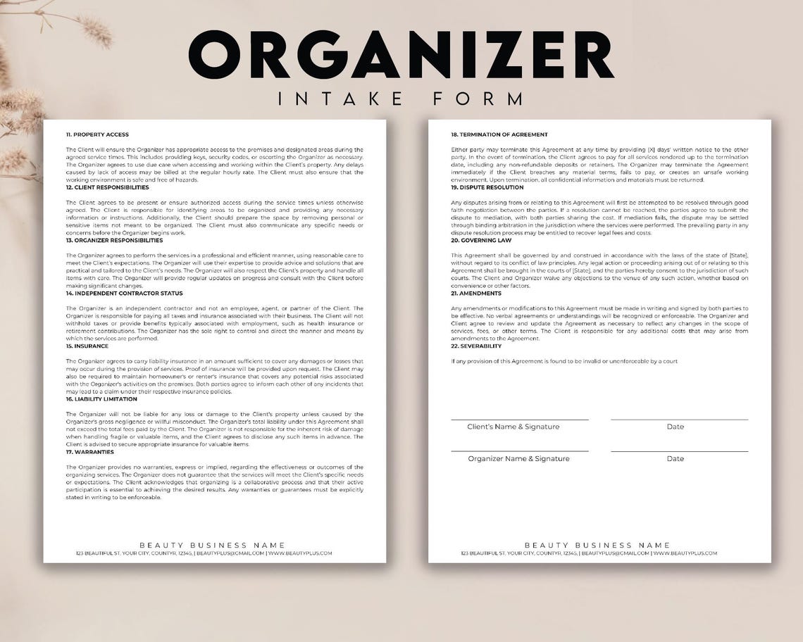 Professional Organizer Contract Forms, Organizing Service Agreement ...