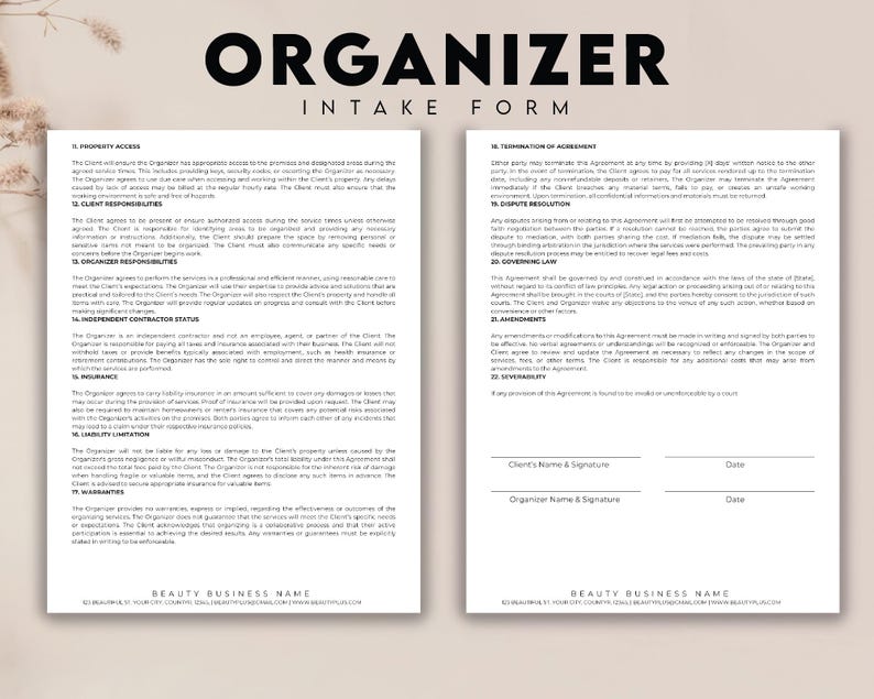 Professional Organizer Contract Forms, Organizing Service Agreement ...