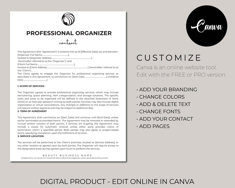 Editable Professional Organizer Contract Template, Organizing Service ...