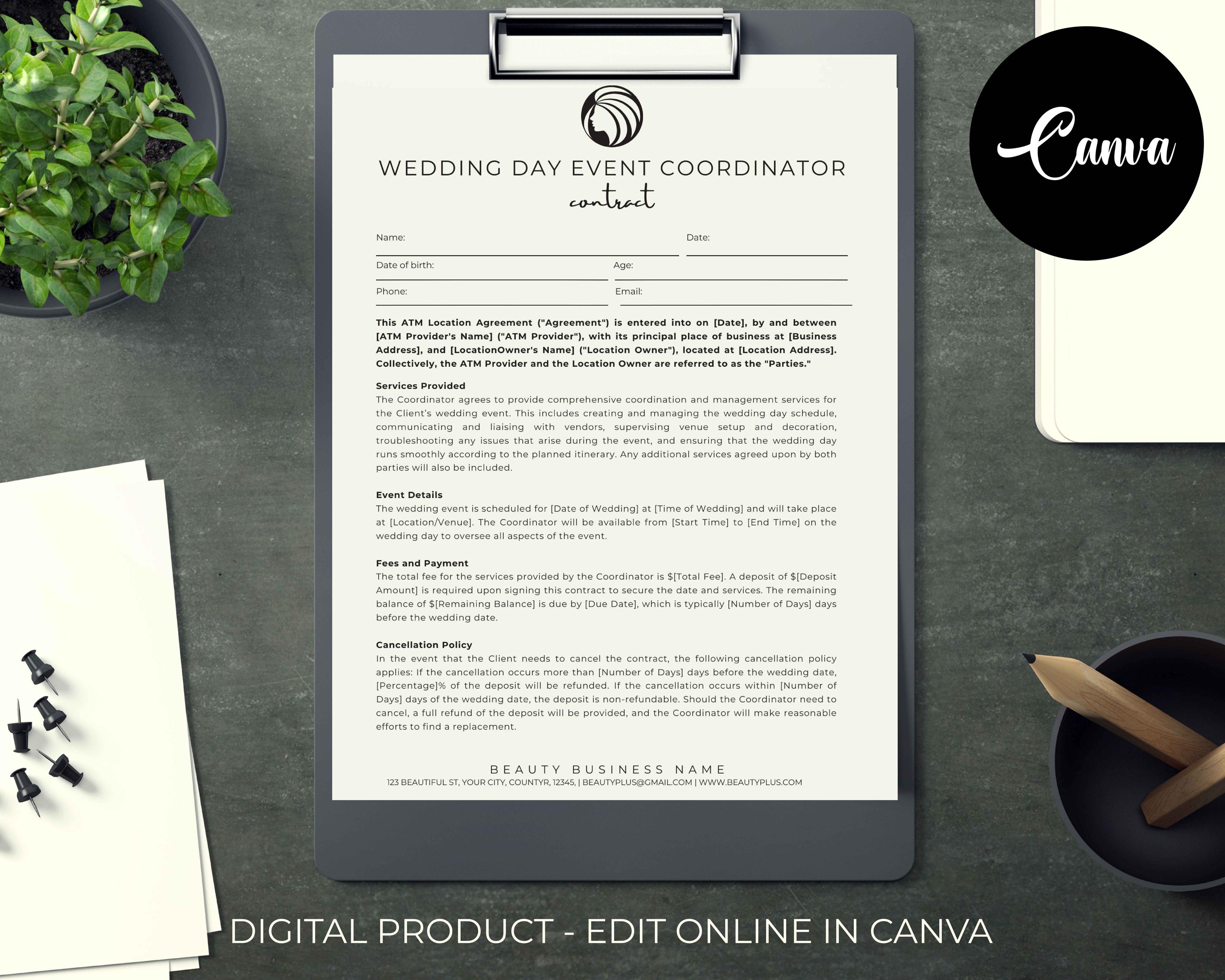Wedding Day Event Coordinator Contract, Editable Event Coordinator ...