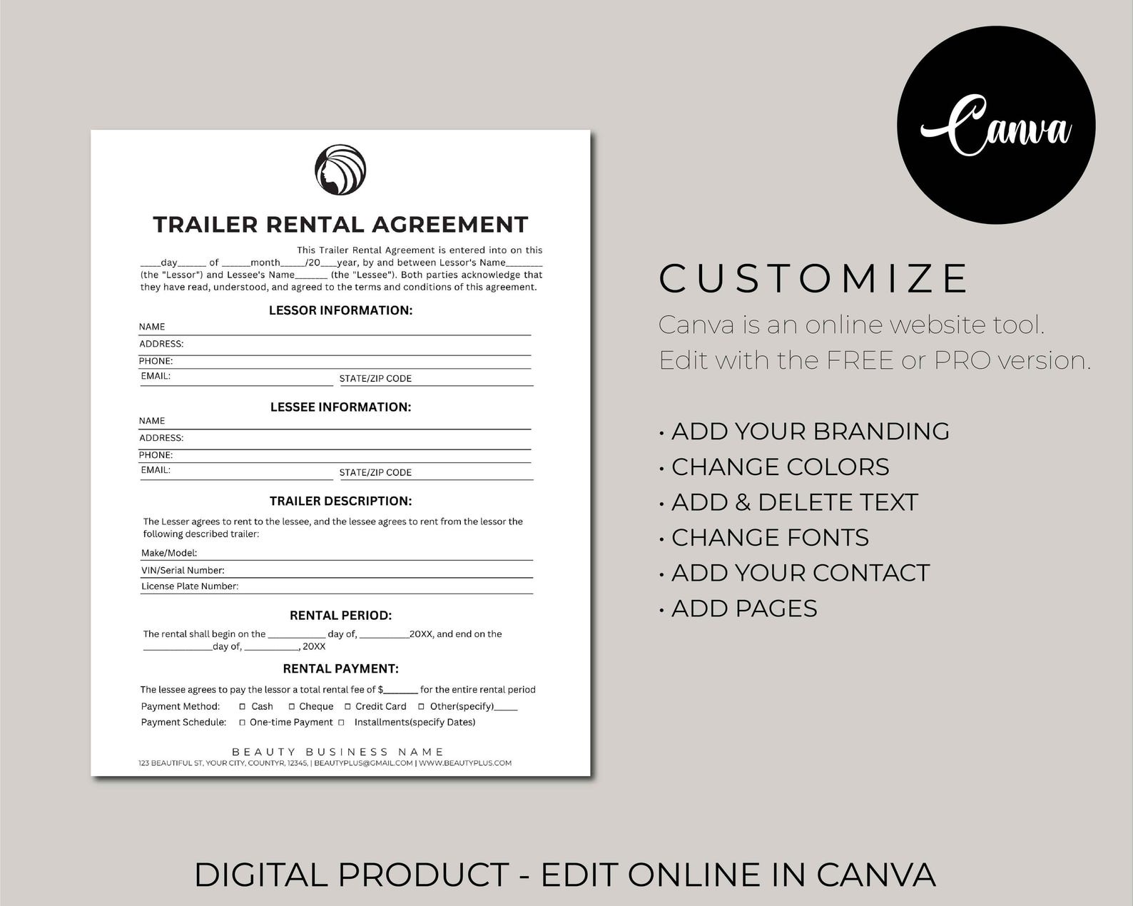Trailer Rental Agreement, Canva Editable Contract, Trailer Lease ...