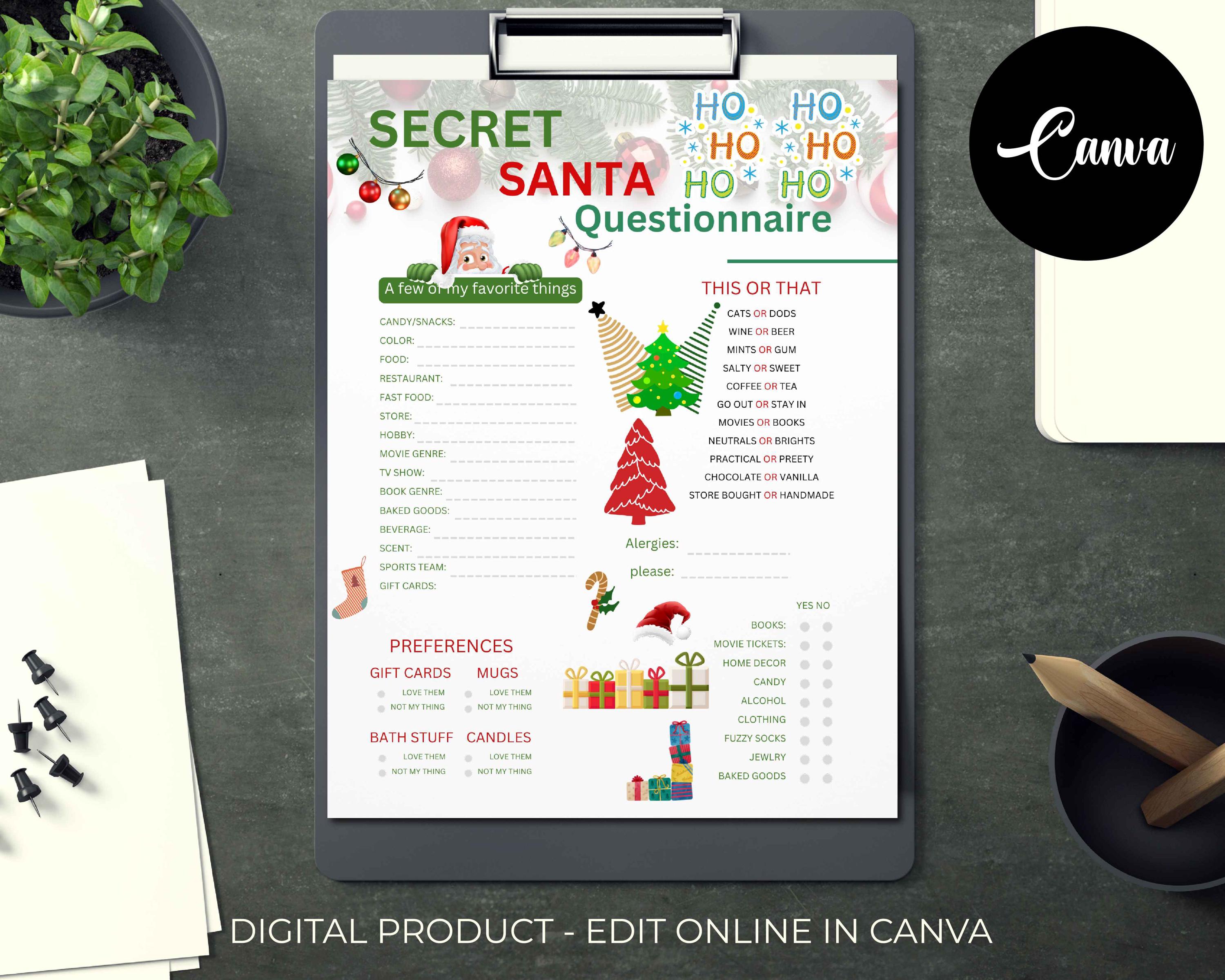 Secret Santa Questionnaire Editable, Canva Santa Questionnaires ...