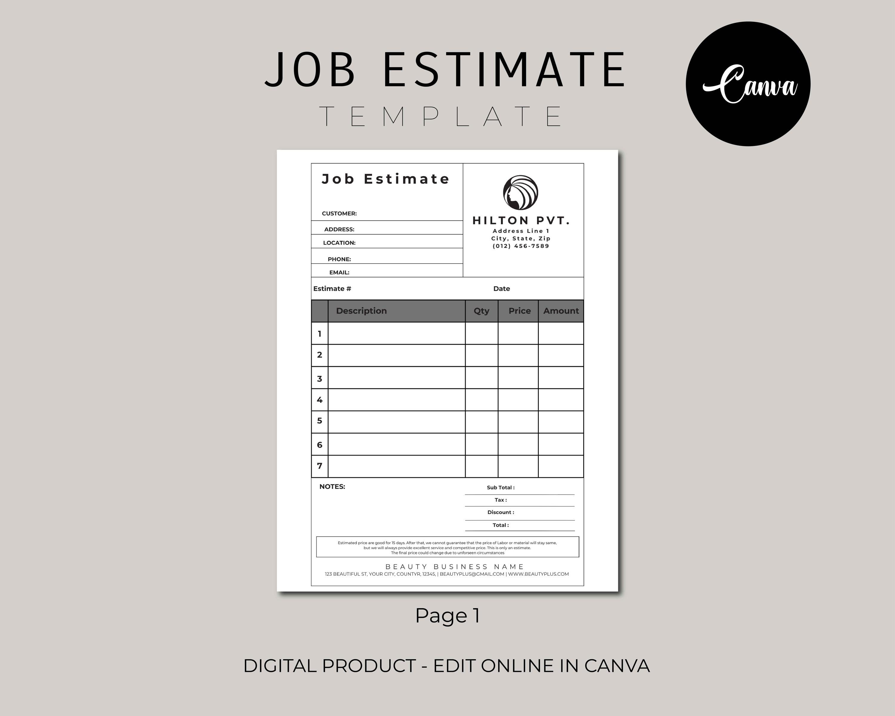 Job Estimate Template, Editable Construction Bid, Painting, Printable ...