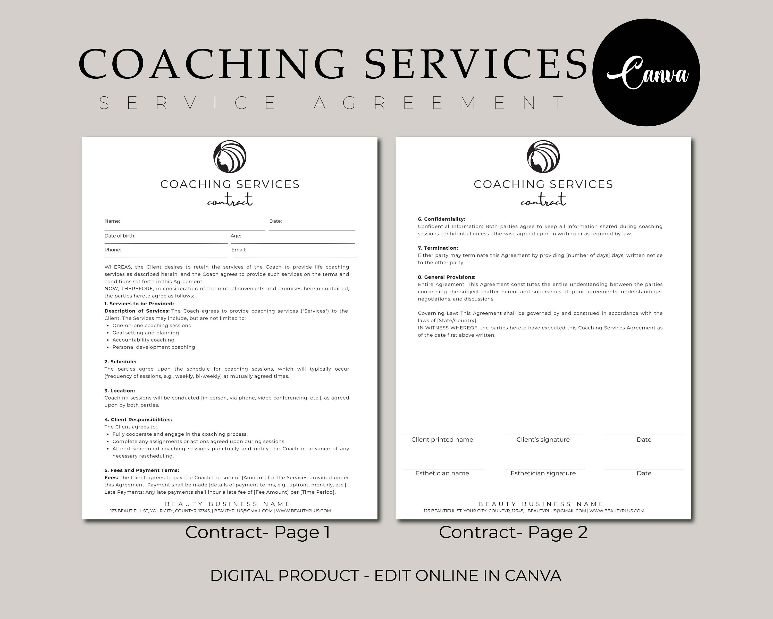 Coaching Services Contract Template, Editable Forms for Coaching ...