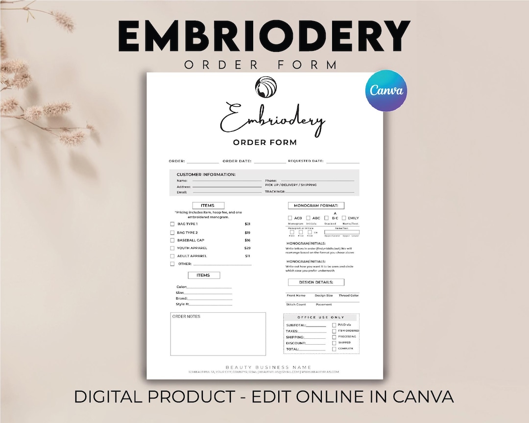 Embroidery Order Form Template, Custom Embroidery Order Form ...