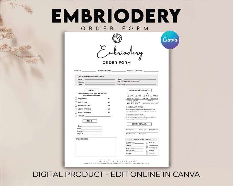 Embroidery Order Form Template, Custom Embroidery Order Form ...