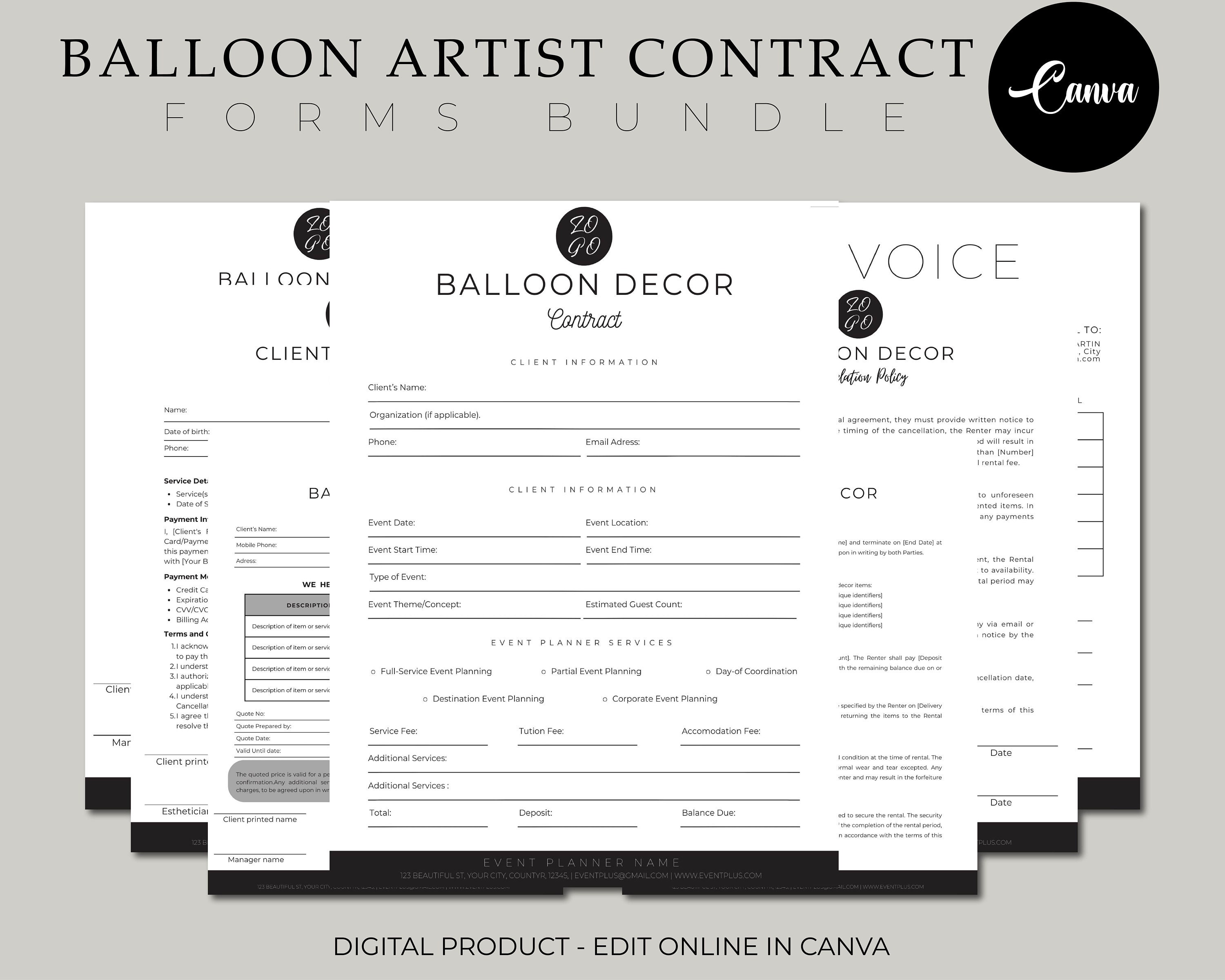 Balloon Artist Contract Template, Balloon Stylist Agreement, Balloon ...