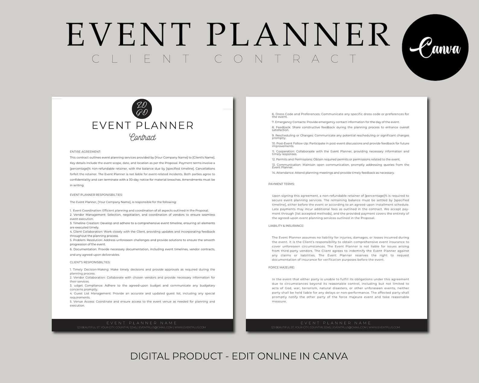 Editable Event Planner Contract Template, Canva Template, Event Planning Contract, Event Planner ...