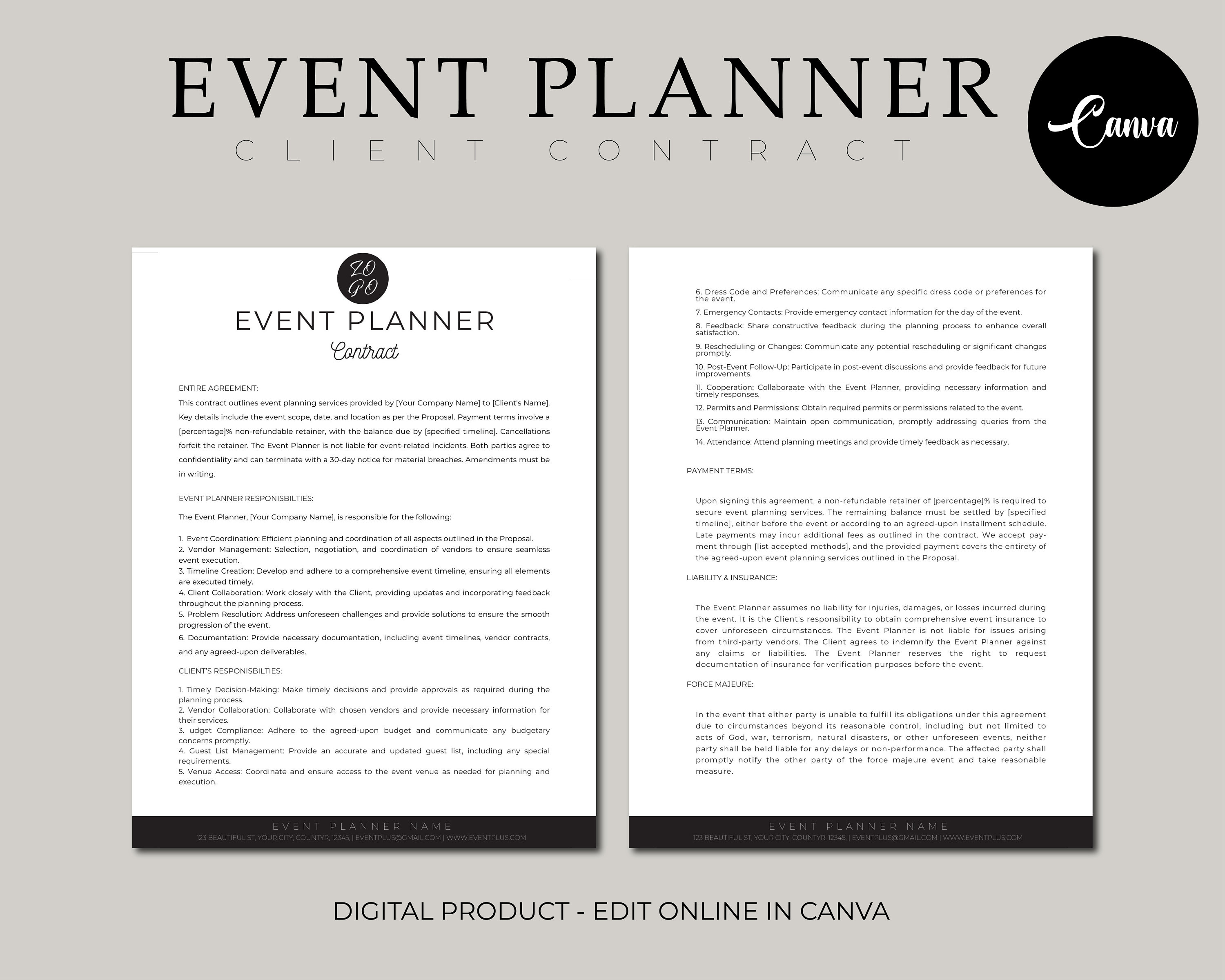 Editable Event Planner Contract Template, Canva Template, Event ...