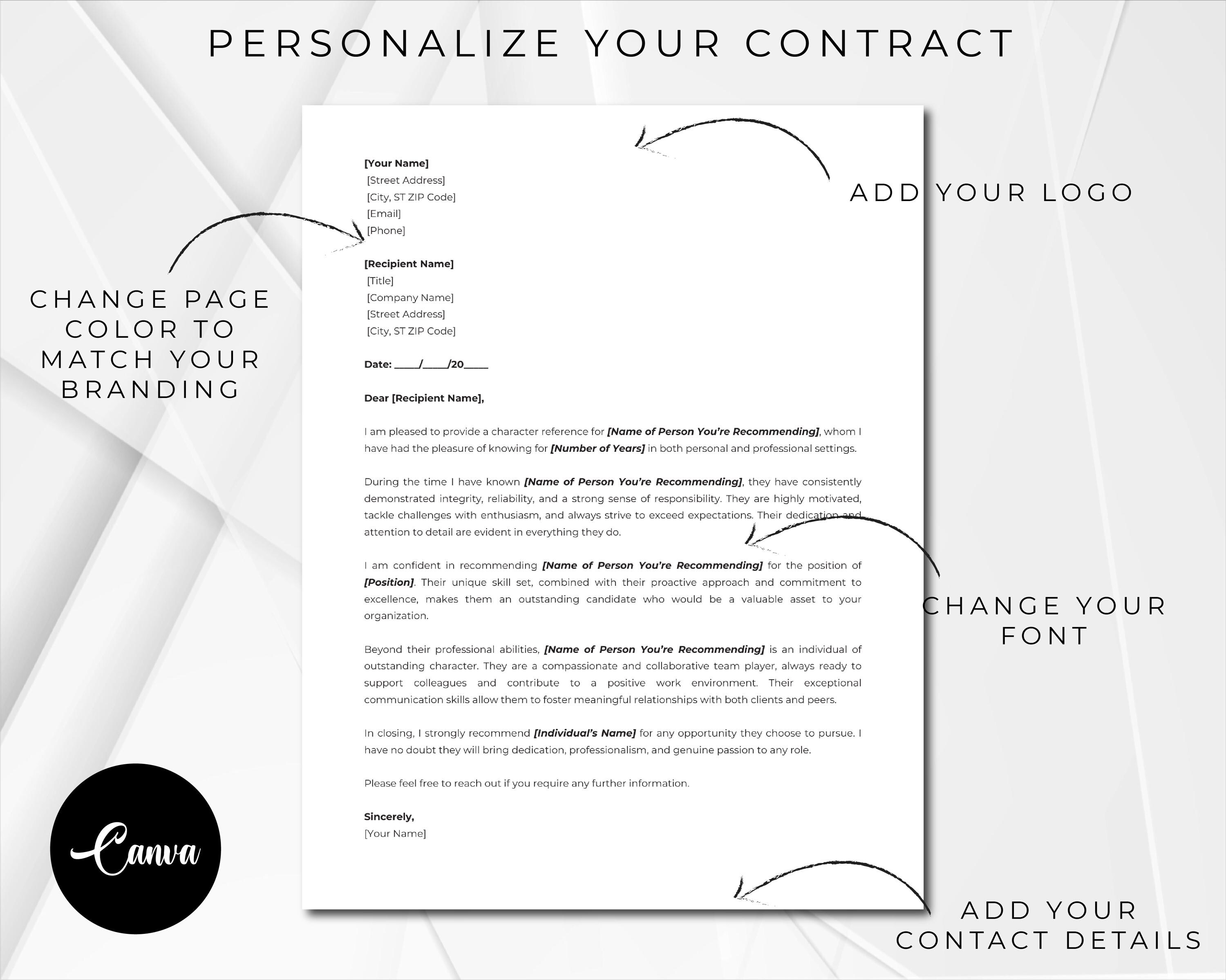 Professional Character Reference Letter, Editable Character ...