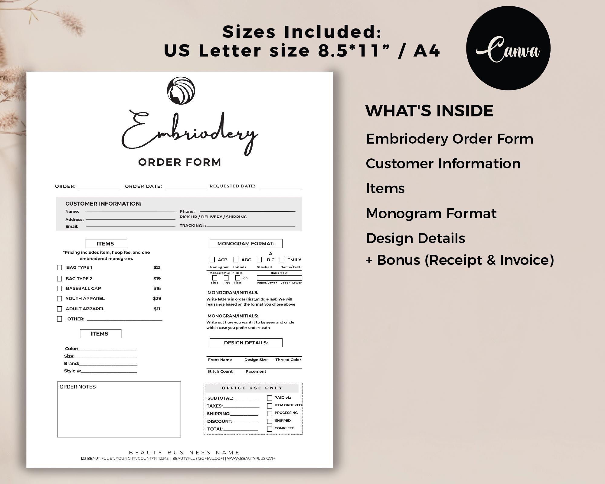 Embroidery Order Form Template, Custom Embroidery Order Form ...