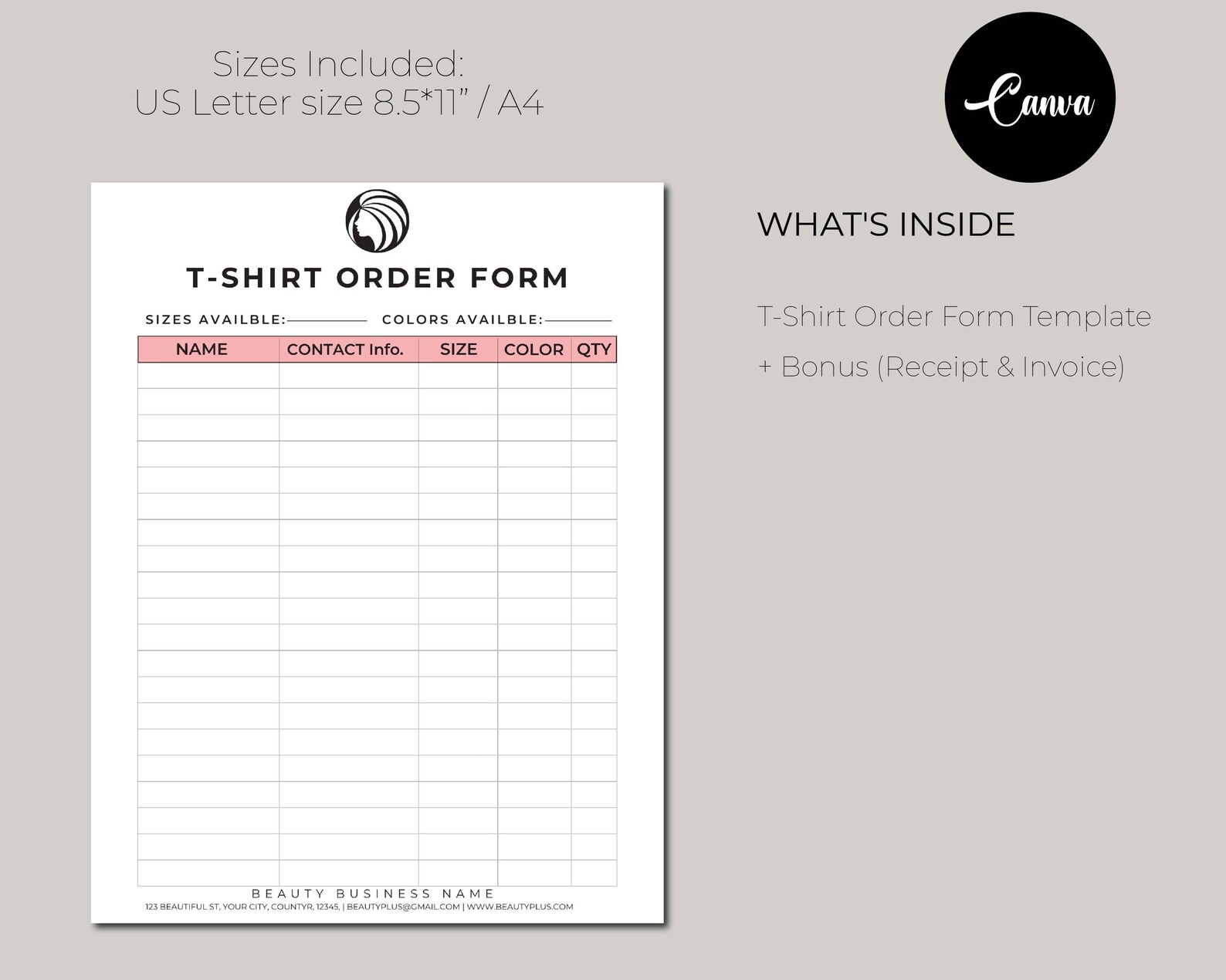 Editable Shirt Order Form Template, Printable Tshirt Order Forms ...