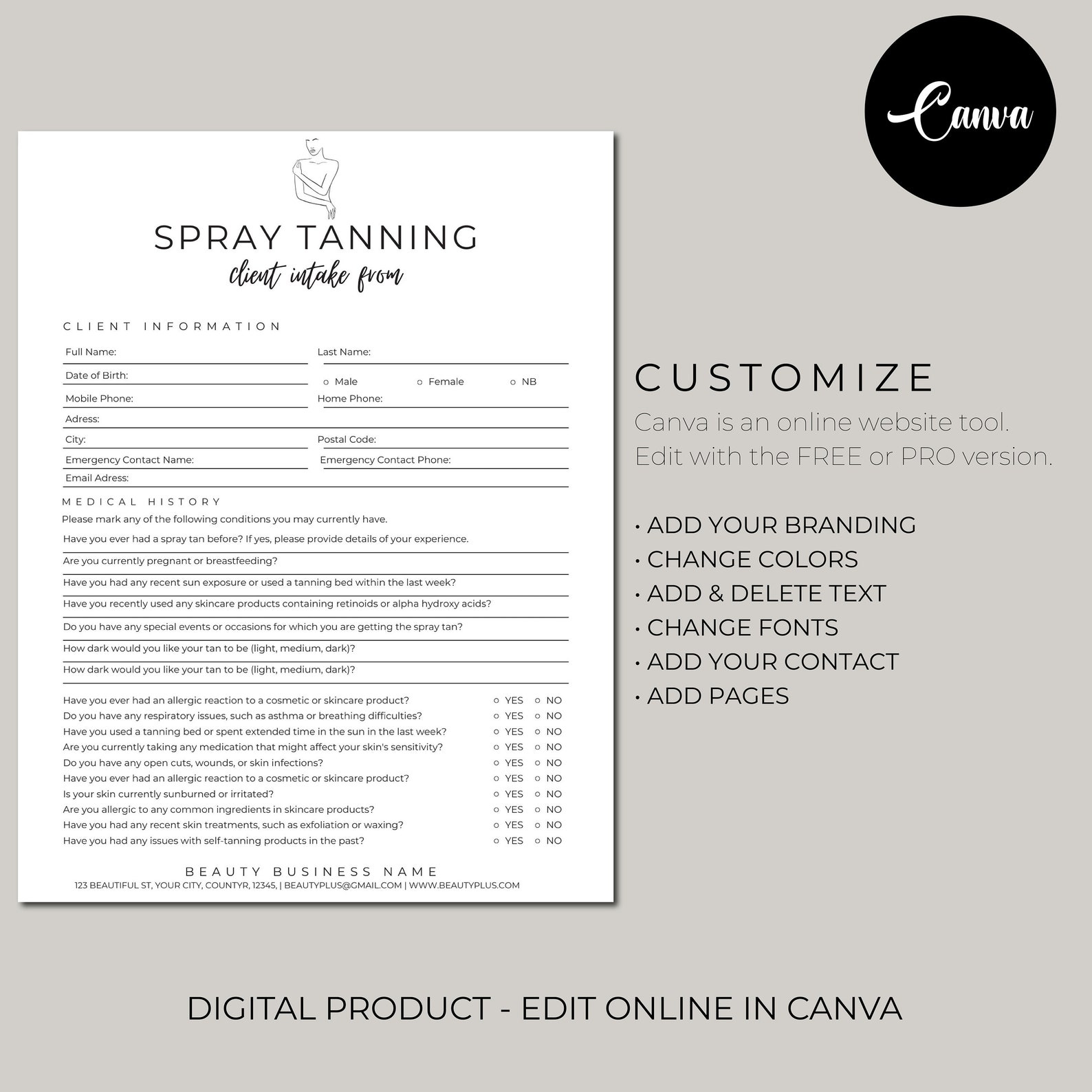 Spray Tan Consent Form, Tanning Consent, Spa Forms, Tanning Salon Forms ...