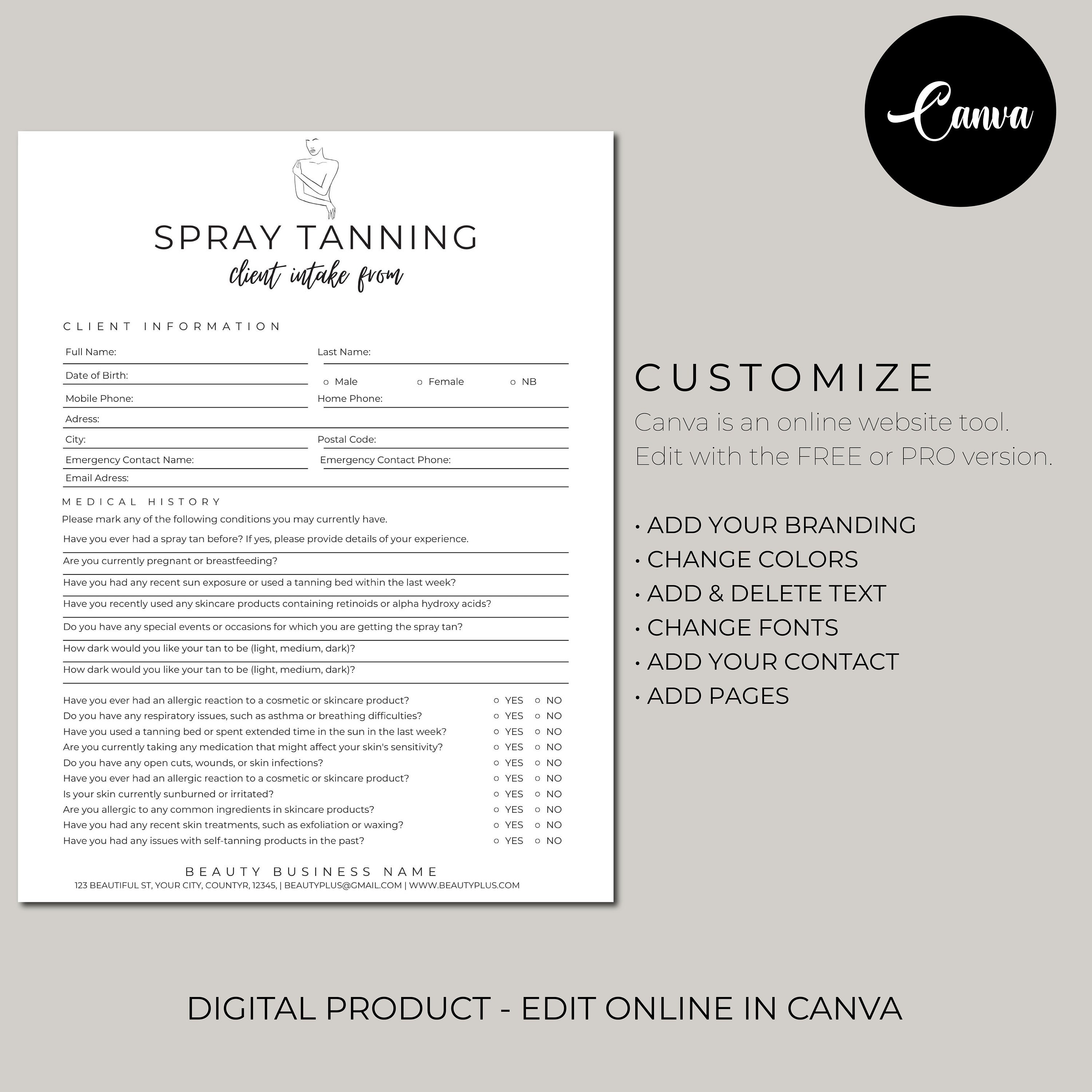 Spray Tan Consent Form, Tanning Consent, Spa Forms, Tanning Salon Forms ...