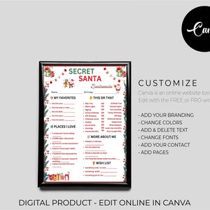 Editable Secret Santa Questionnaire, Gift Exchange Form, Christmas ...
