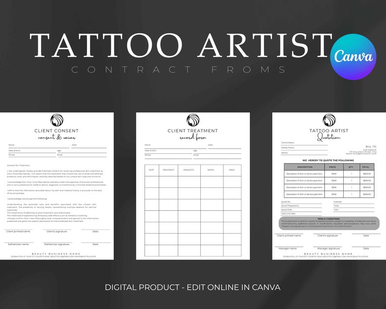 Editable Tattoo Artist Forms Bundle, Tattoo Consent Form, Tattoo ...