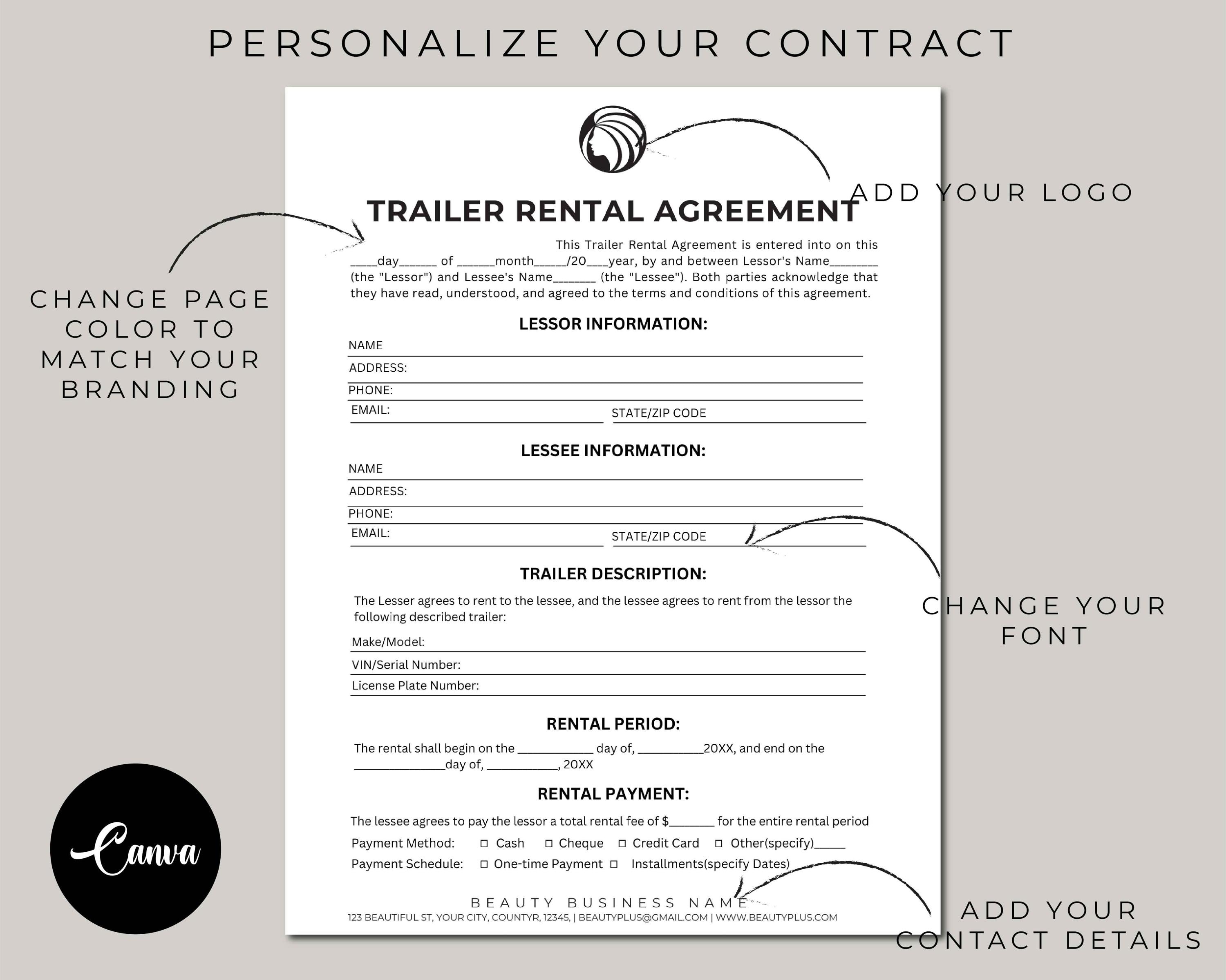 Trailer Rental Agreement, Canva Editable Contract, Trailer Lease ...