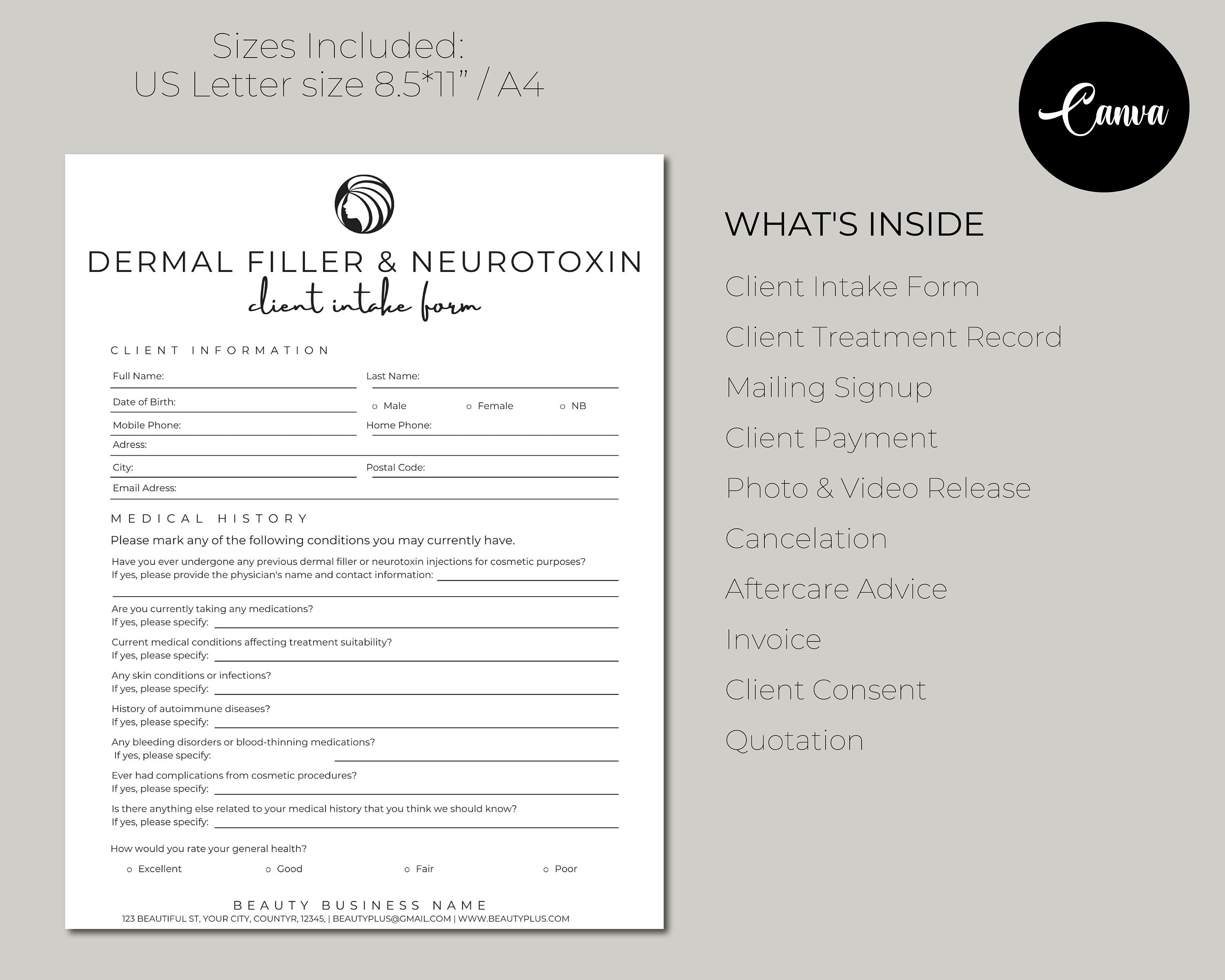 Editable Botox and Dermal Filler Consent Intake Bundle, Esthetician ...