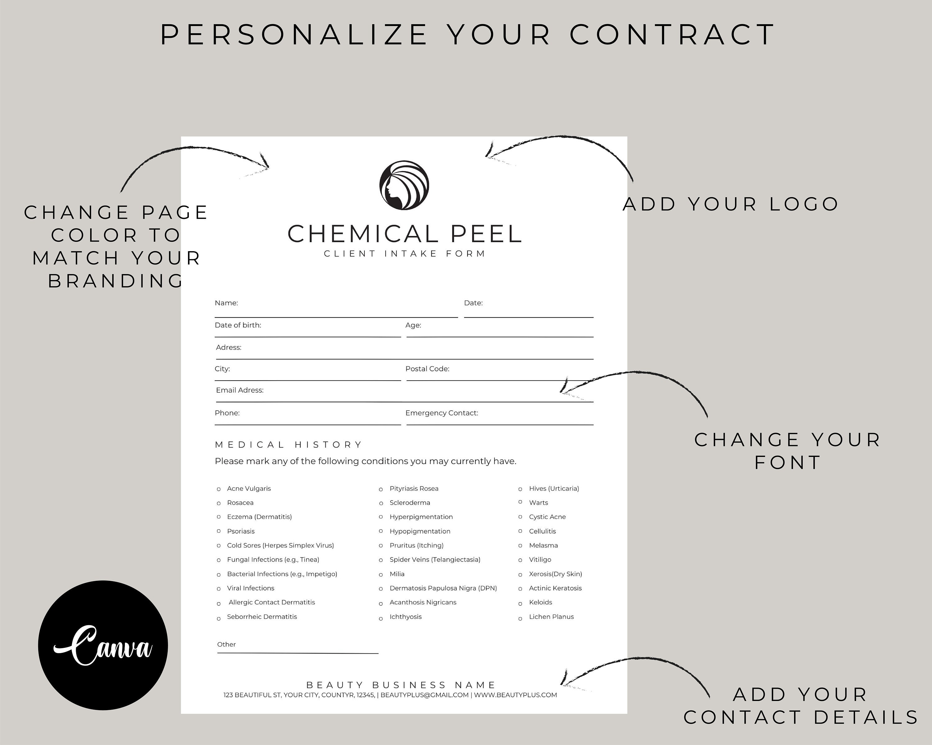 Chemical Peel Forms, Editable Esthetician Templates, Chemical Peel ...