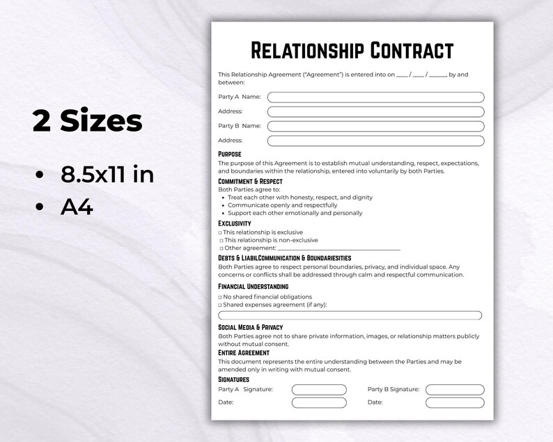 Editable Relationship Contract Template, One Page Relationship Contract ...
