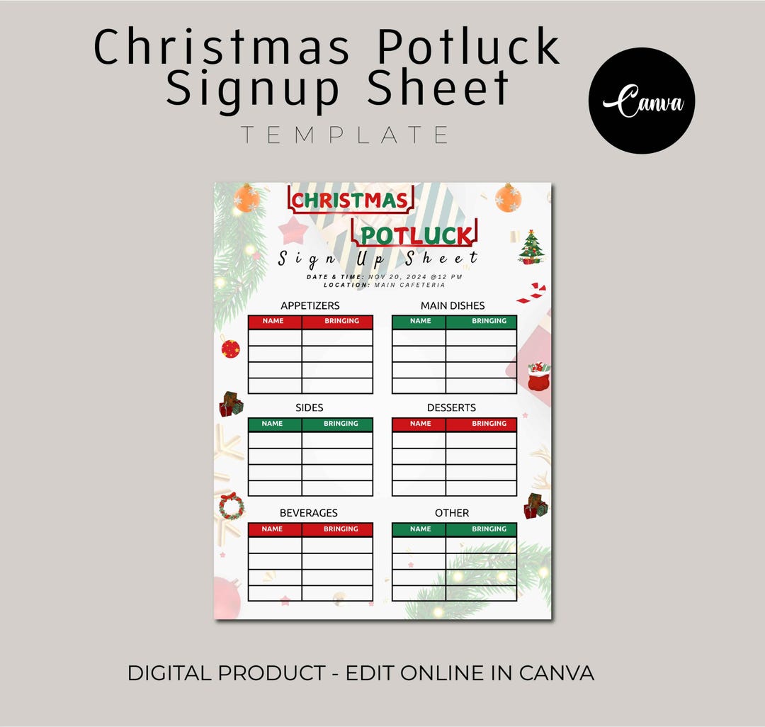 EDITABLE Christmas Potluck Sign up Sheet, Holiday Potluck Sign up Sheet ...
