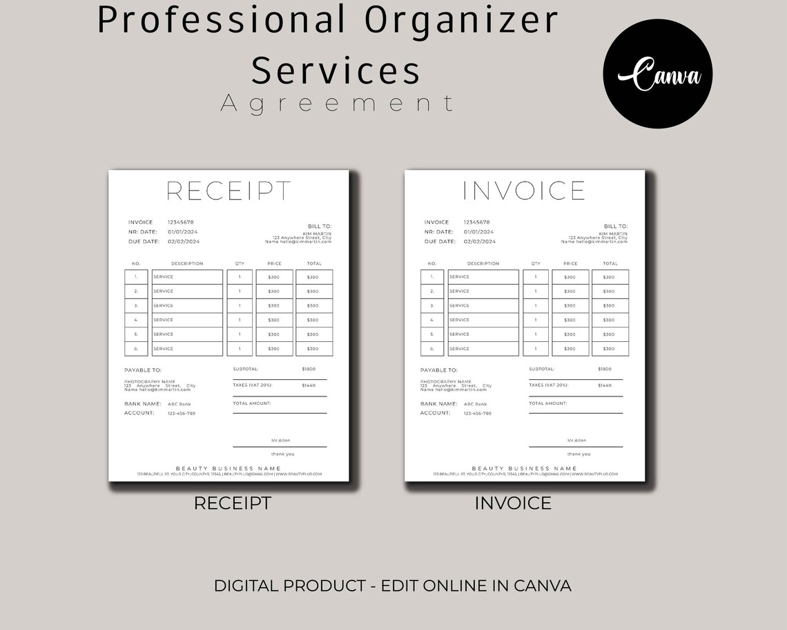 Editable Professional Organizer Contract Template, Organizing Service ...