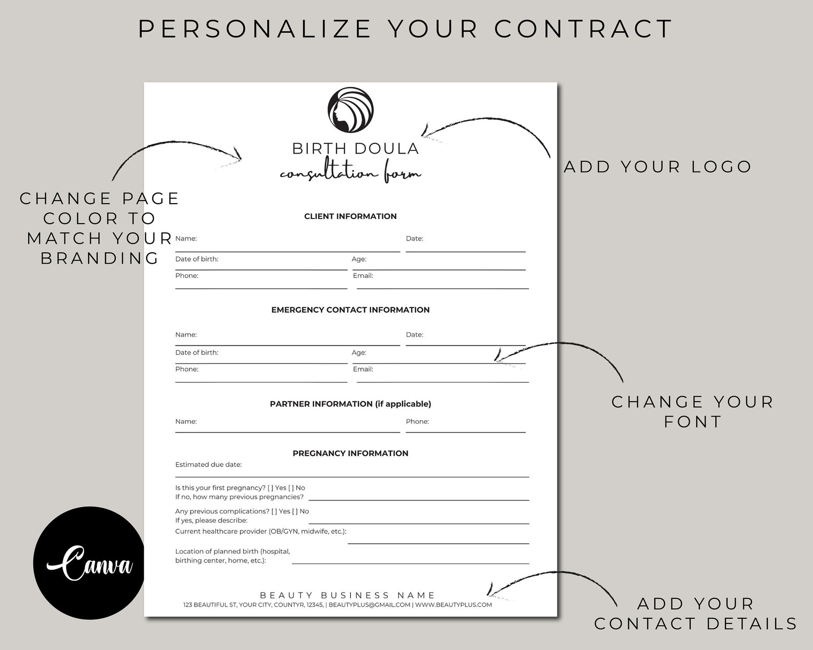 Doula Client Intake Forms Bundle, Editable Forms, Canva Template ...