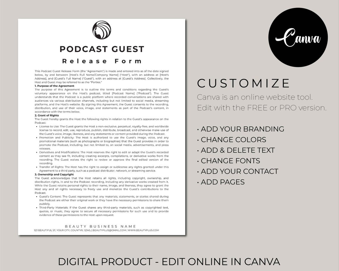 Podcast Guest Release Form, Podcast Agreement, Podcast Branding ...