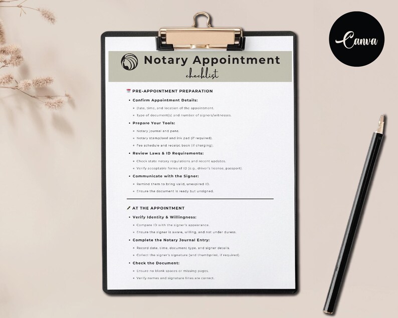Editable Notary Appointment Checklist, Mobile Notary Public ...