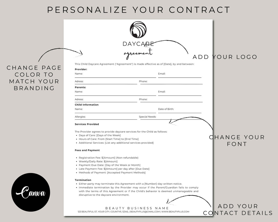 Editable Home Daycare Contract Template, Home Daycare Forms Package ...