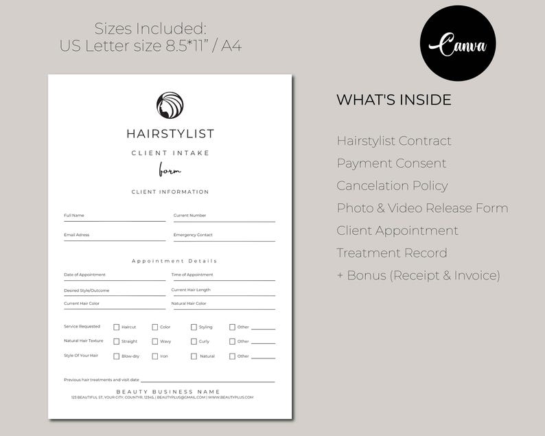 Professional Hairstylist Forms Bundle, Hairstylist Client Intake Form ...