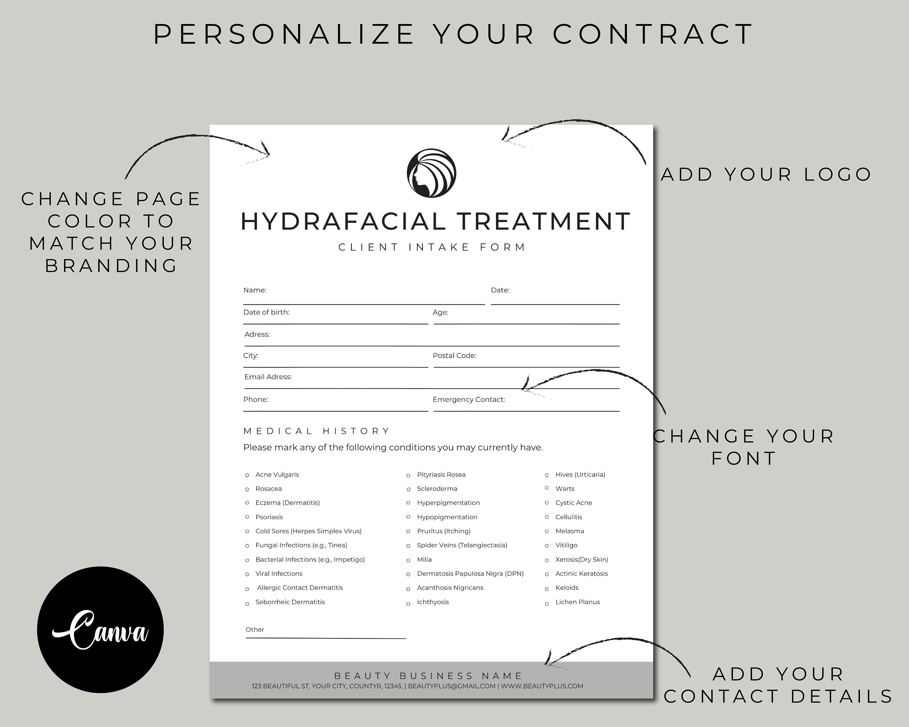Hydrafacial Consent Form Template, Consent Forms, Editable Hydrafacial Client Intake ...