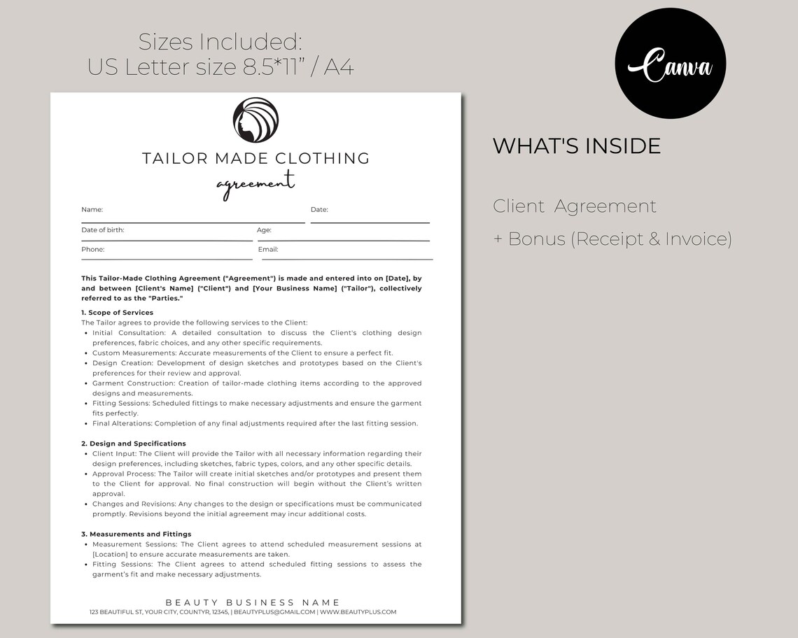 Tailor Made Clothing Agreement, Custom Garment Contract, Tailor Invoice ...