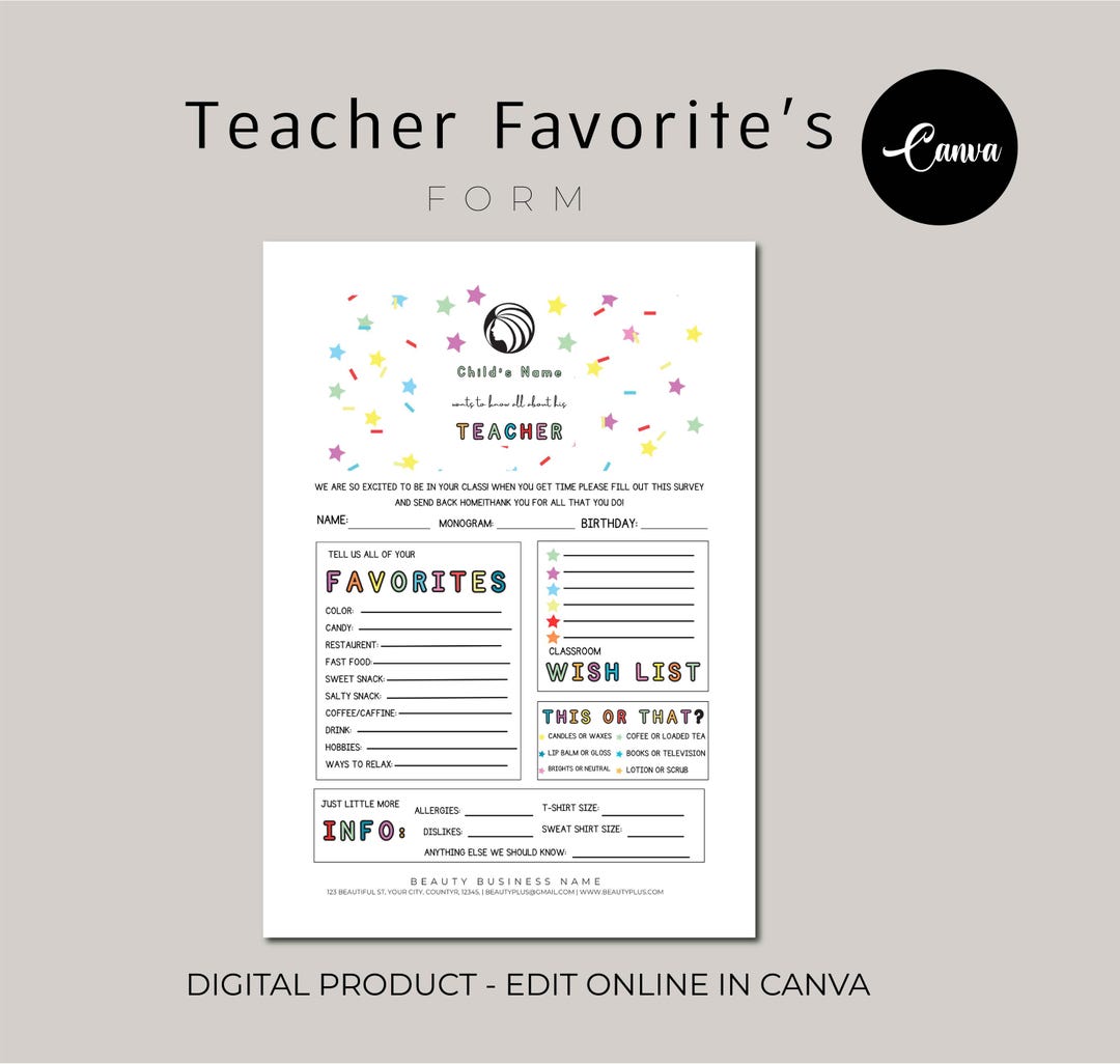 Teacher Favorites List Printable, Few of My Favorite Things Teacher ...