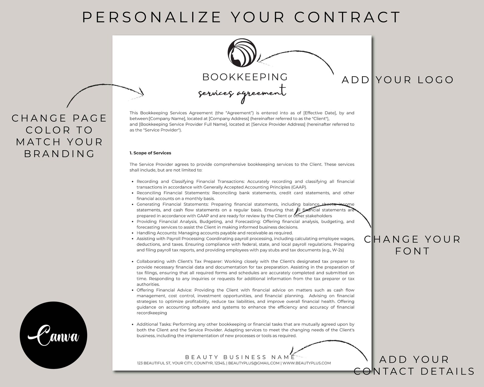 Bookkeeping Service Contract, Expense Tracking/budgeting Editable ...