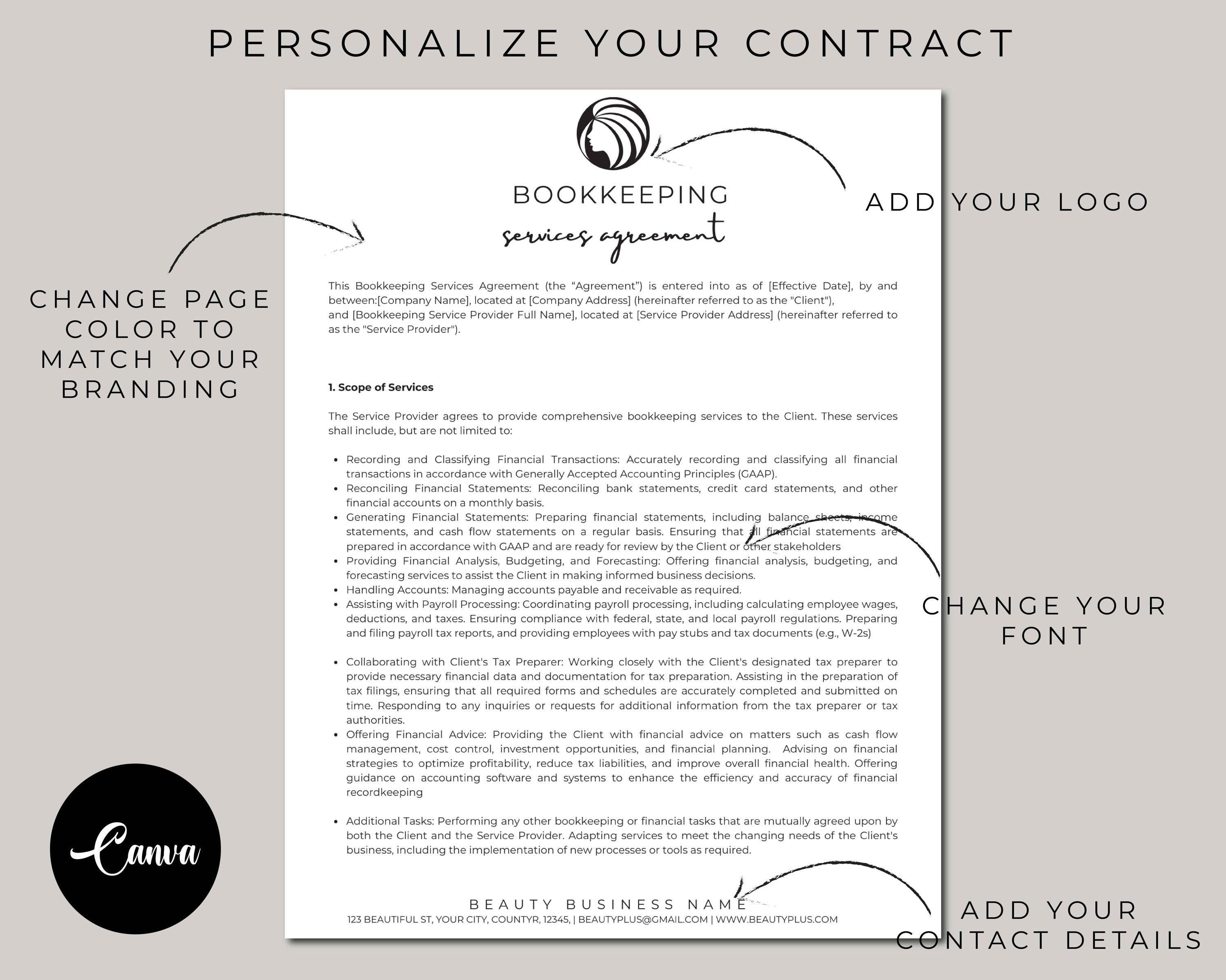 Bookkeeping Service Contract, Expense Tracking/budgeting Editable ...