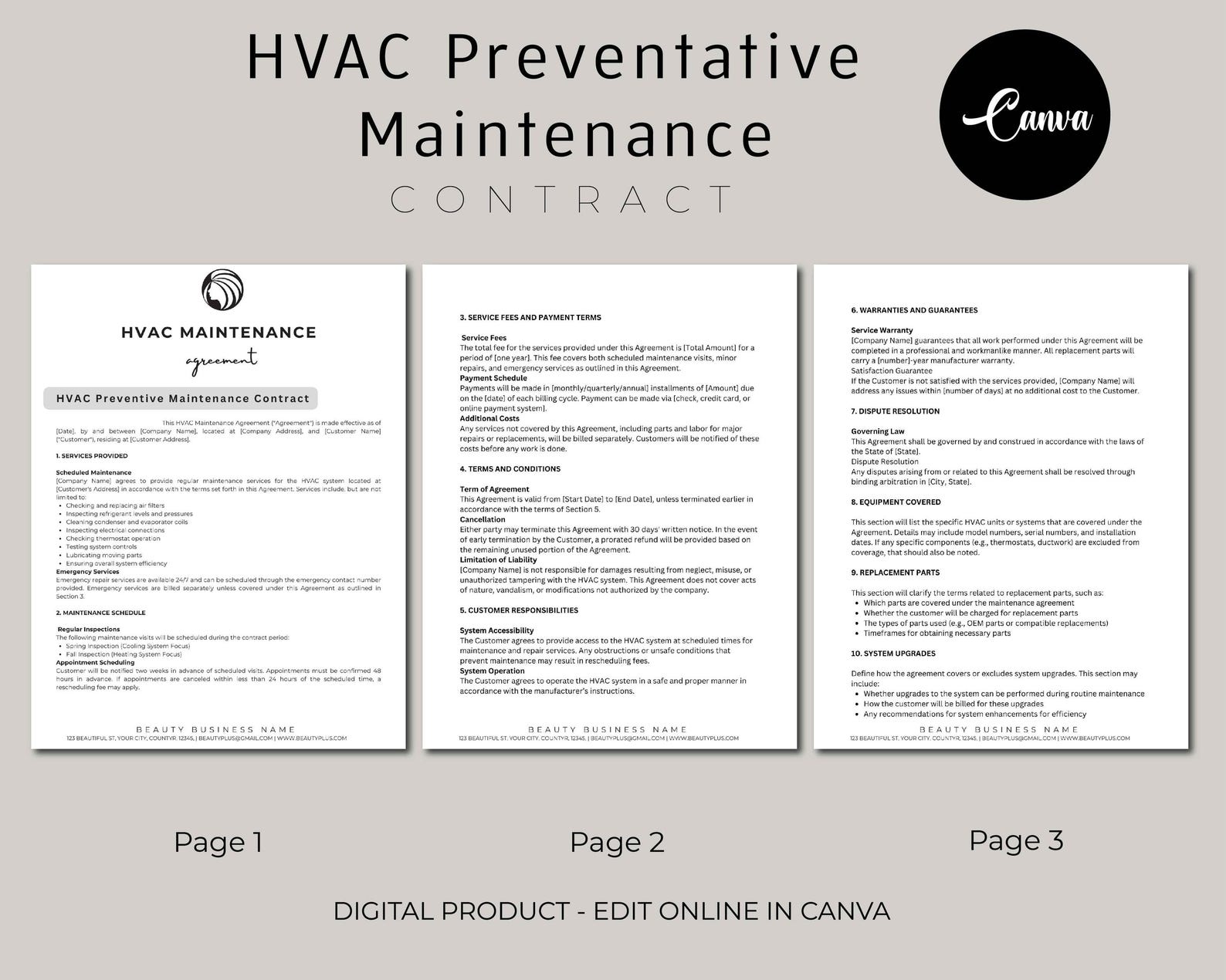Editable HVAC Service Agreement, HVAC Service Agreement Forms, Service ...