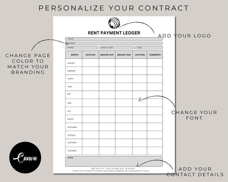 Editable Rent Payment Ledger Template, Canva Rent Payment Tracker, Printable Rental Payment ...