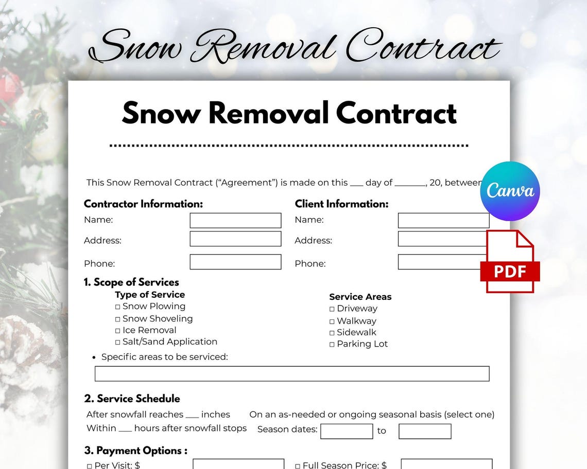 Editable Snow Removal Contract Template, Printable Commercial Snow ...