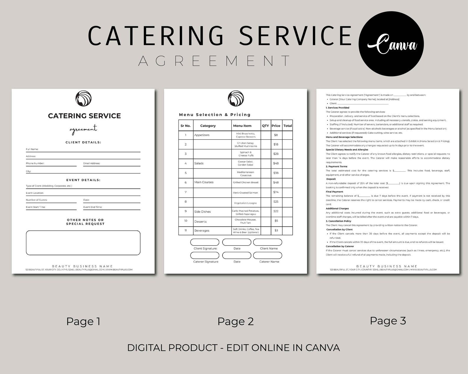 Editable Catering Contract Template, Catering Business Contract PDF ...