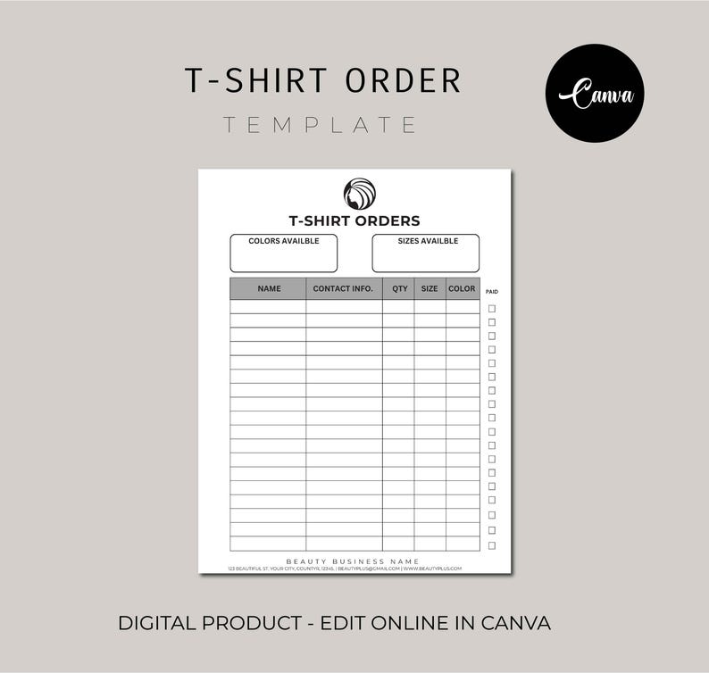 Editable T-shirt Order Form Template, Craft Order Form, Printable Small ...